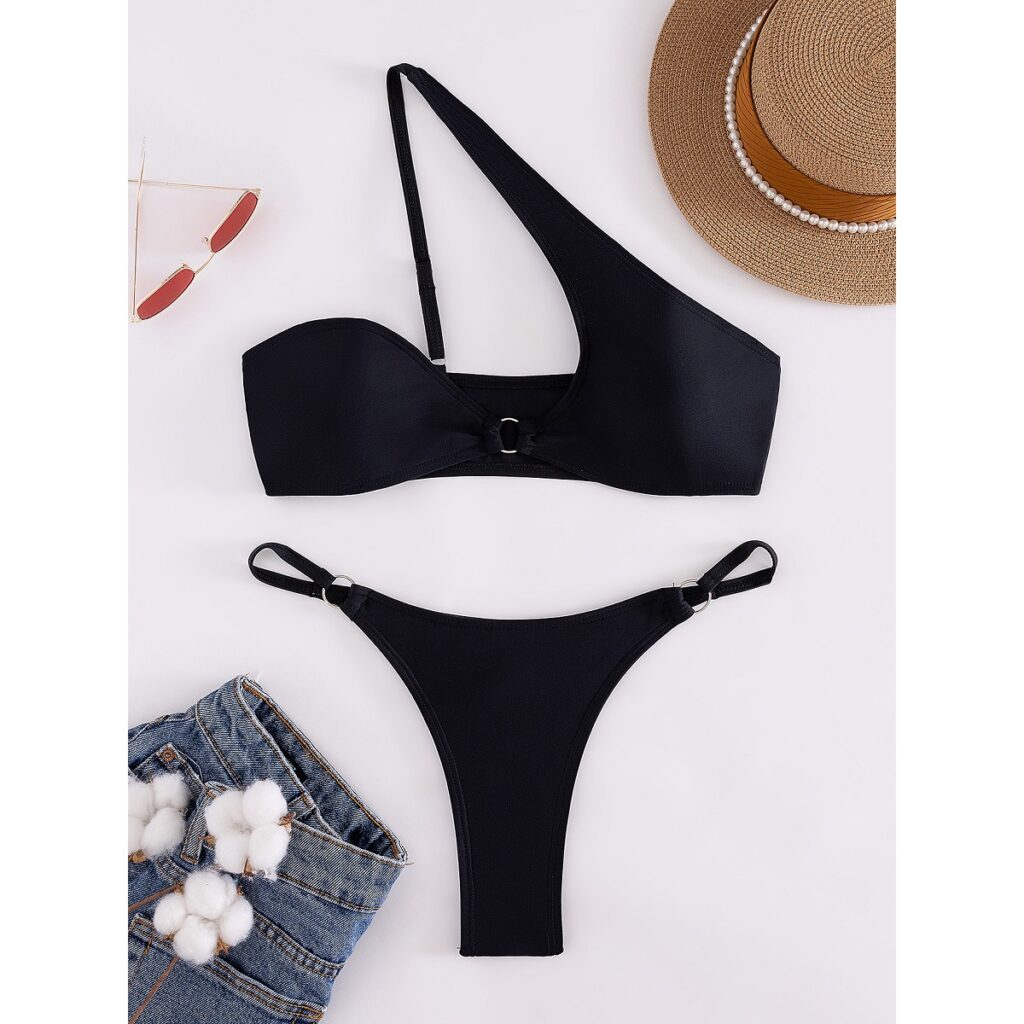 Black Cross Shoulder Strap Cheeky Bikini Set - Swimwear India